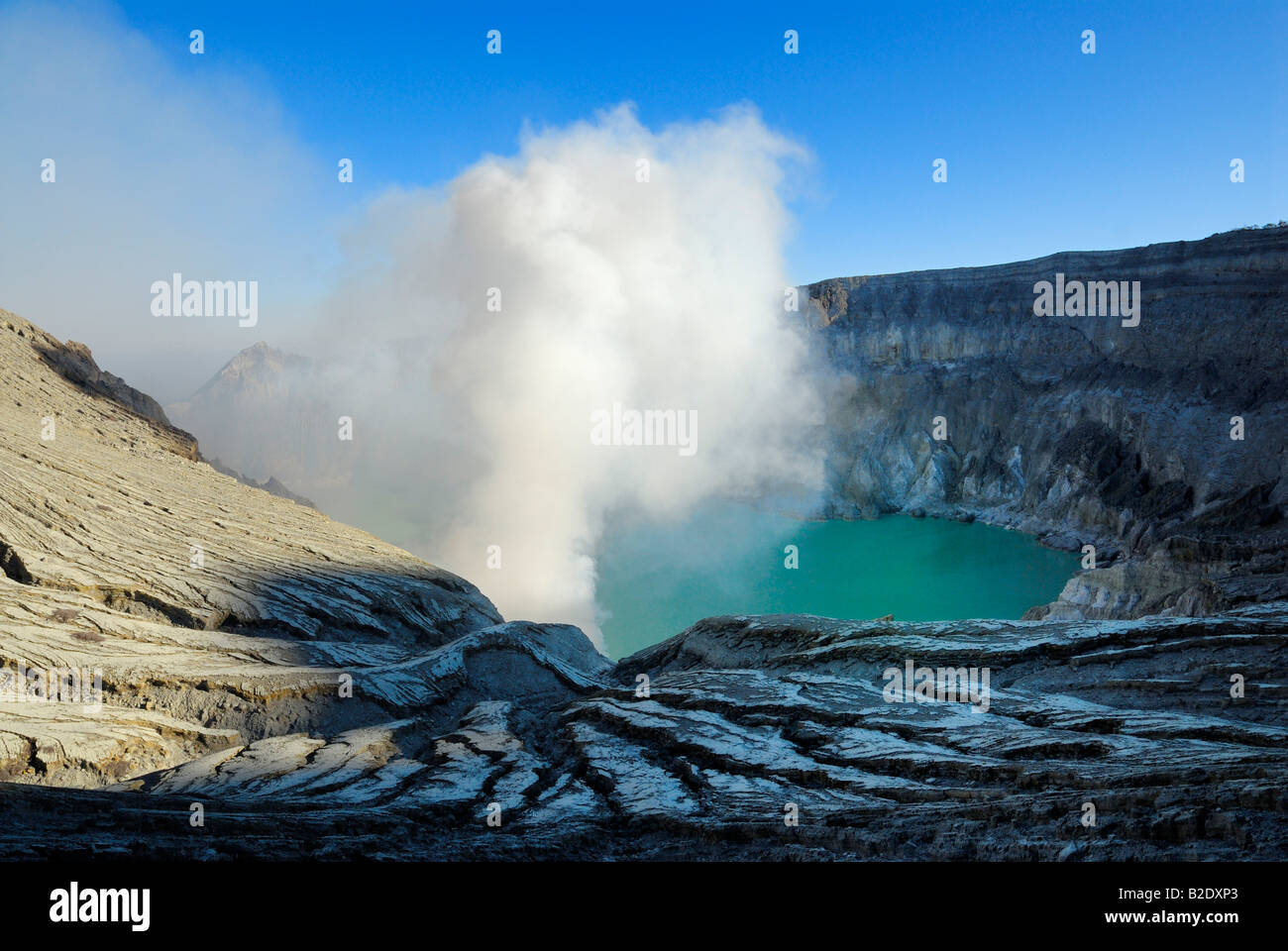 vulcano Kawah Ijen mountain view into the crater steam is venting from ...