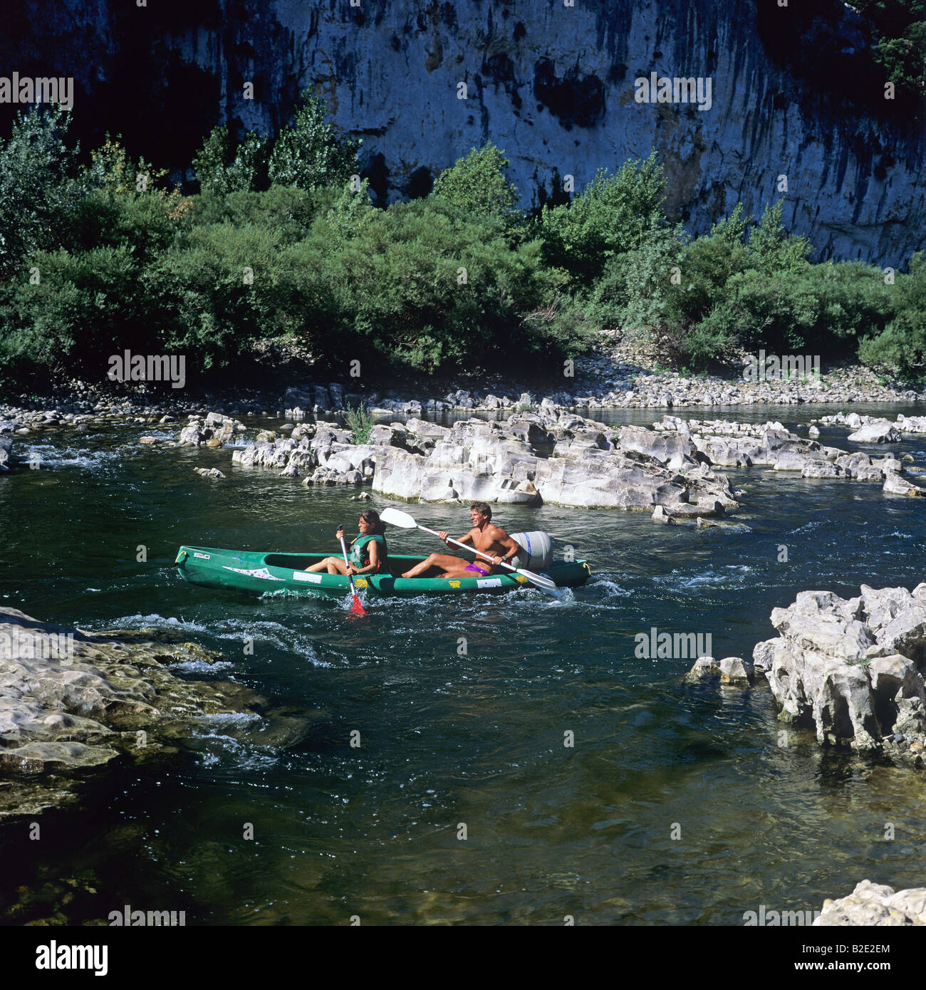 Couple canoeing on Ardèche river Gorges de l'Ardèche France Stock Photo ...