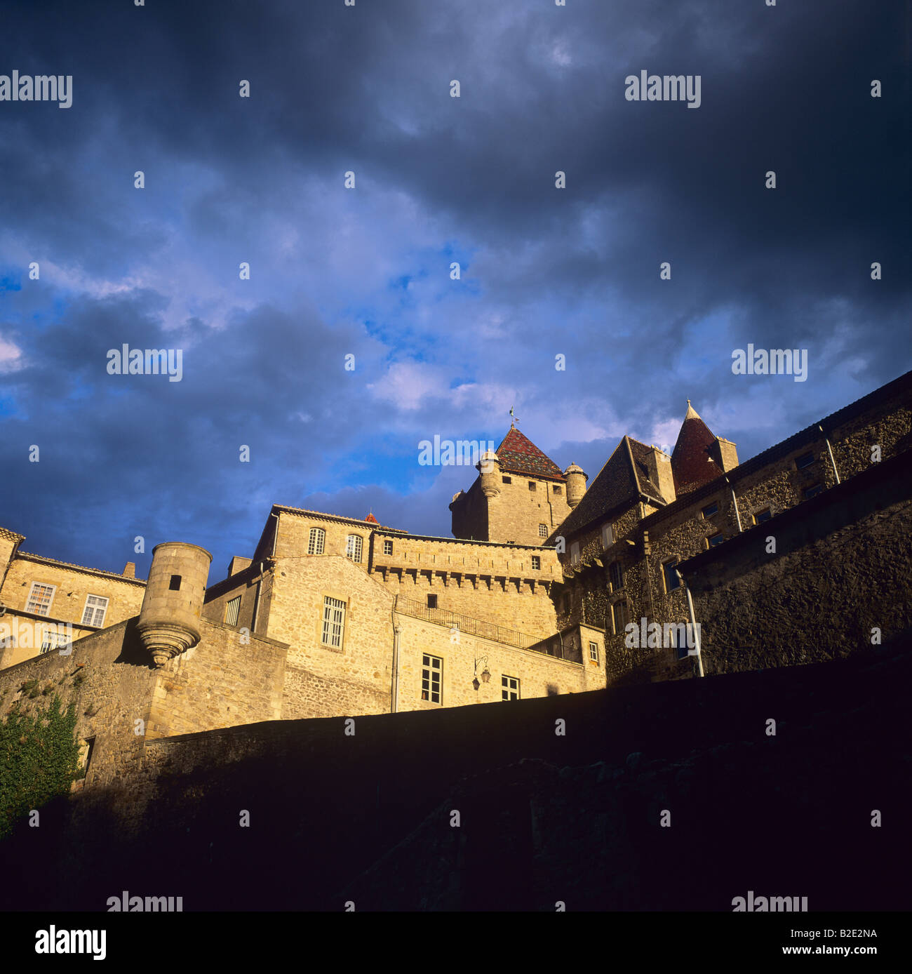 Montlaur castle 13th Century with stormy sky Aubenas Ardèche France ...