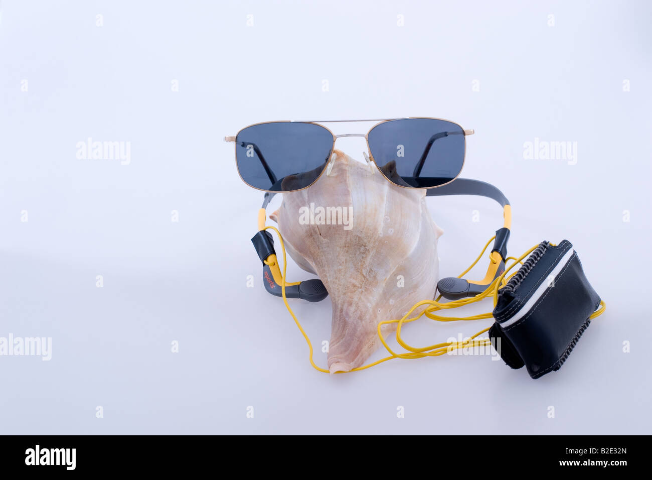 Large seashell wearing sunglasses with am Mp3 player in a leather case ...