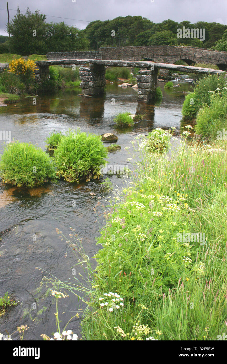 The clapper bridge spanning the East Dart River at Postbridge in ...