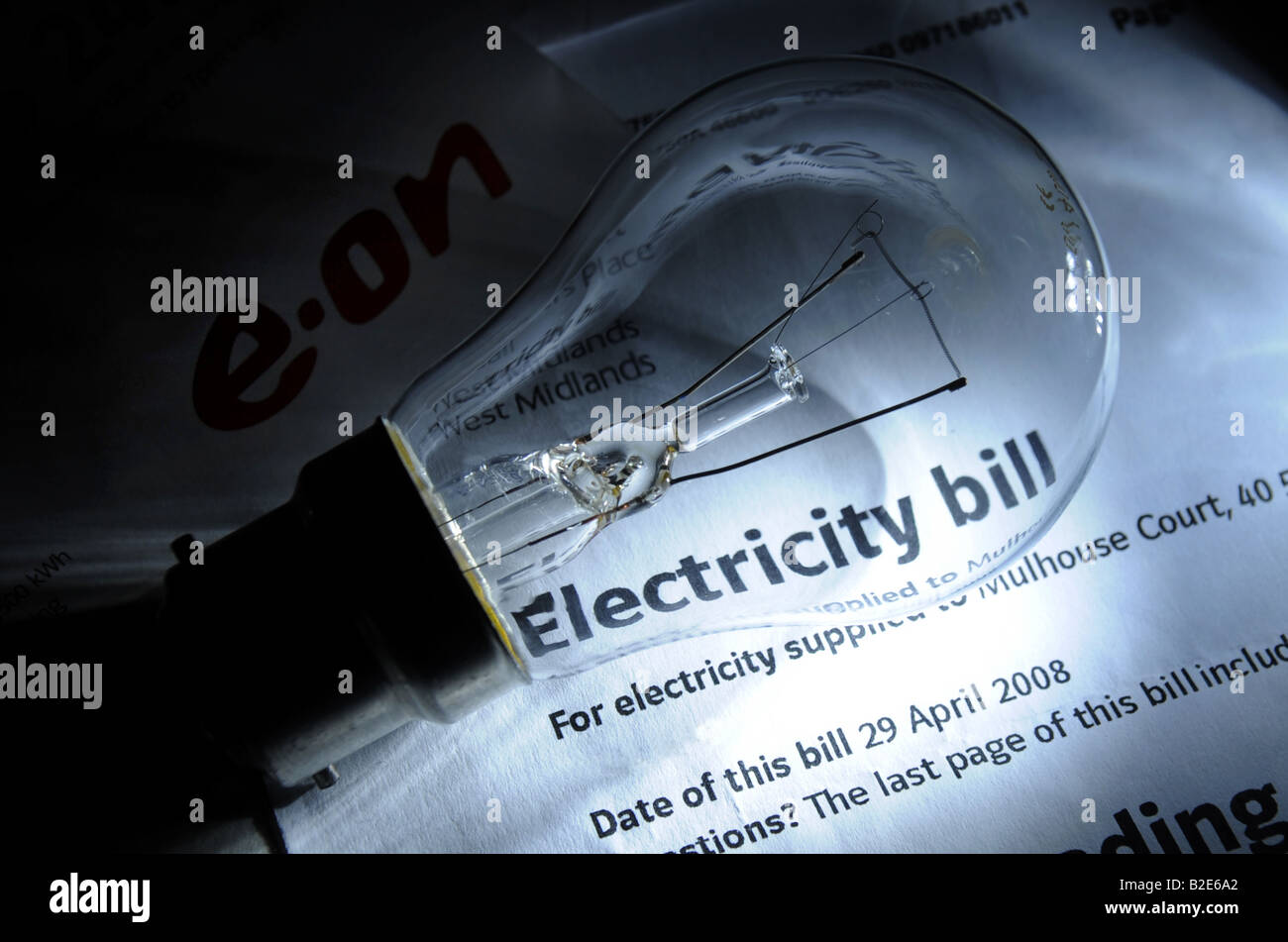 A BRITISH E-ON ELECTRICITY BILL WITH STANDARD LIGHT BULB,ENGLAND,UK ...