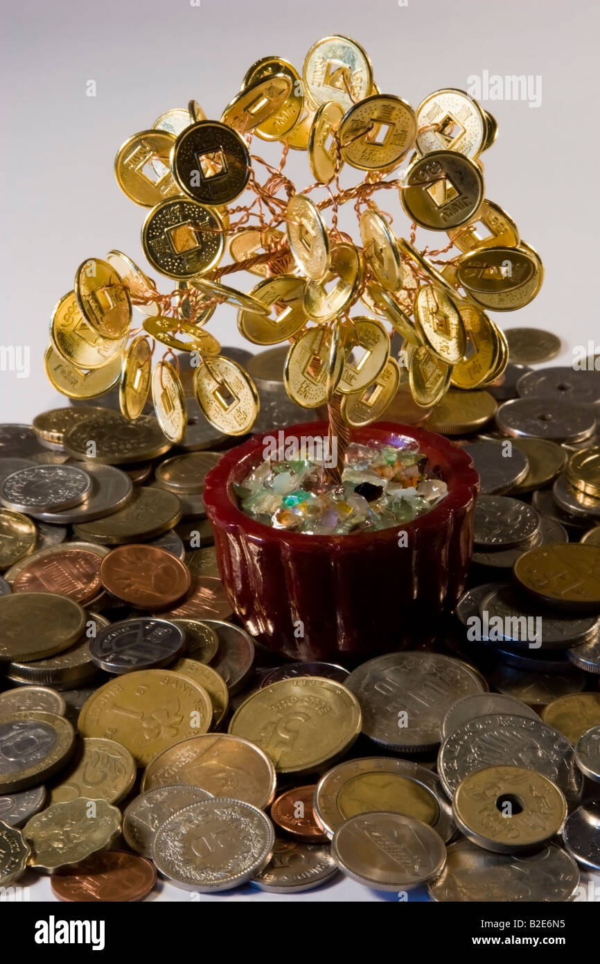 Feng Shui Money Tree standing on a pile of coins from around the world ...