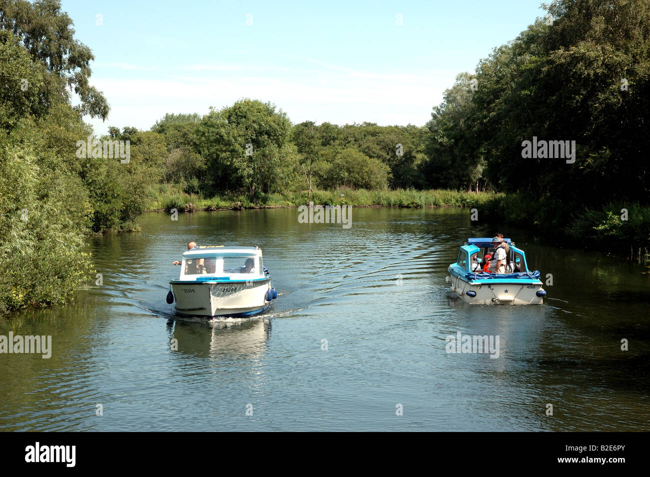 Broads day cruisers on the River Bure upstream from Wroxham, Broads ...