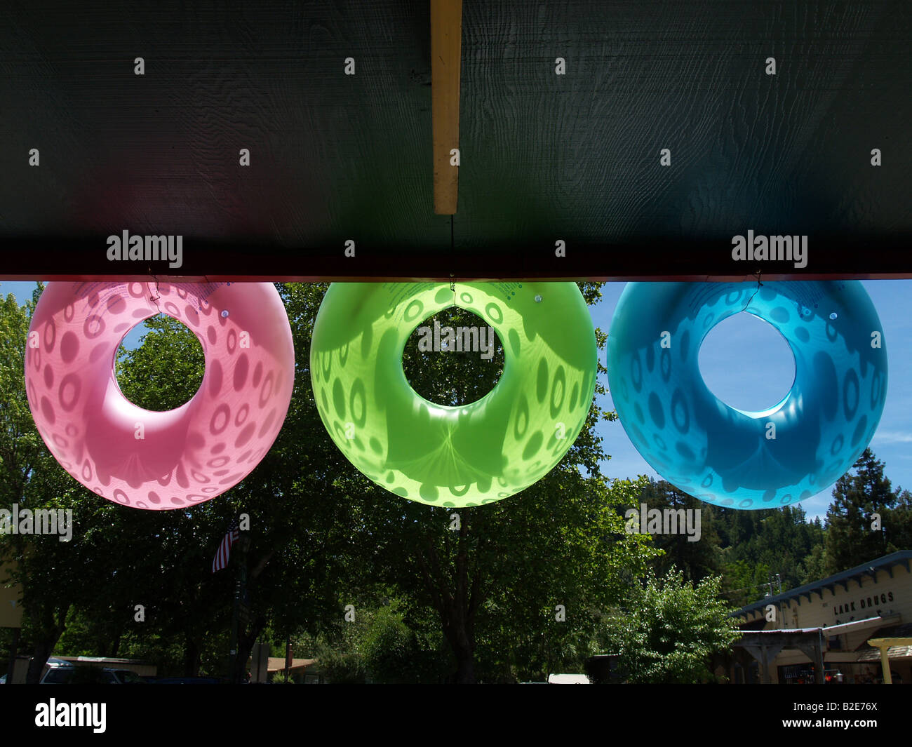 Innertubes for sale at a shop in a California river town Stock Photo ...