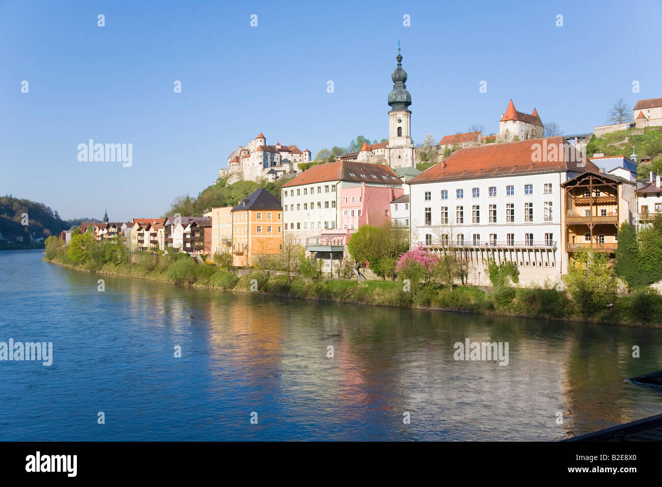 Buildings at waterfront, Salzach River, Burghausen, Bavaria, Germany ...