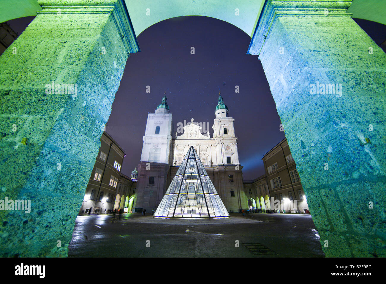 Pyramid lit up in front of cathedral Salzburg Austria Stock Photo - Alamy