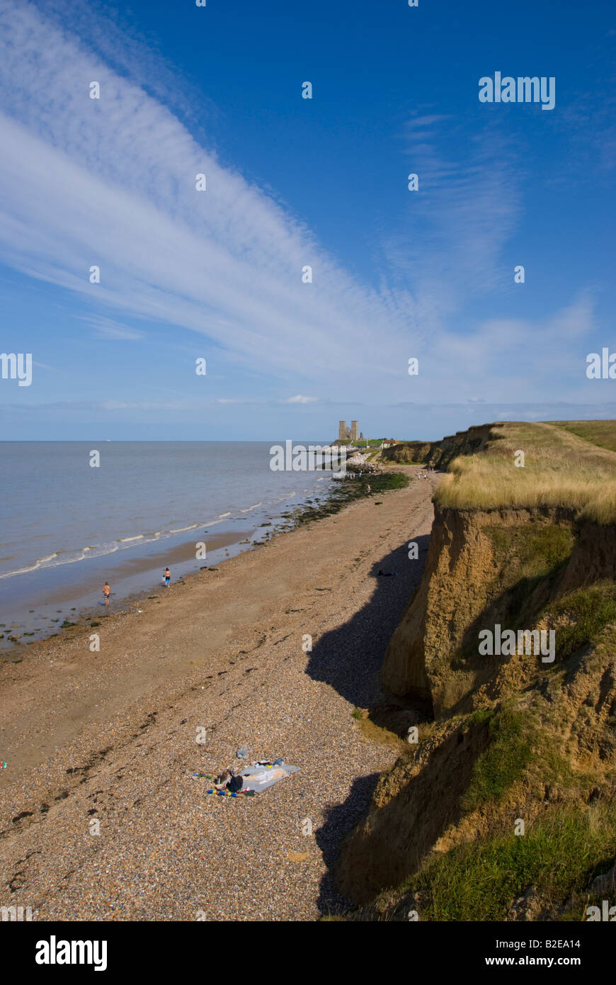 High angle view of coastline Reculver Towers Herne Bay Kent England ...