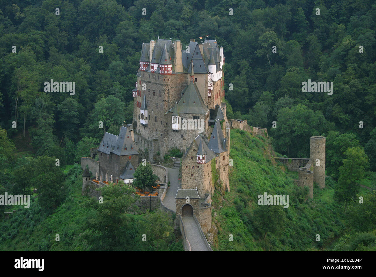 High angle view of castle surrounded by forest, Eltz Castle, Eifel ...