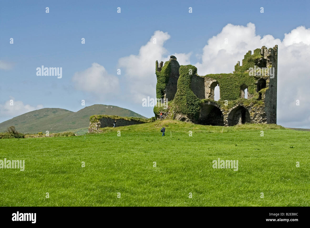 Old ruins of castle on hill, Ballycarbery Castle, Iveragh Peninsula ...