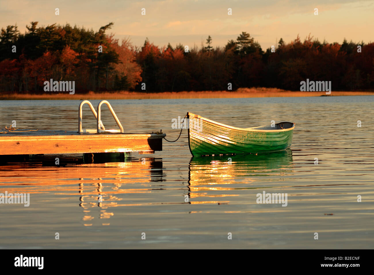 an autumn scenic with a wharf and rowboat at Ponhook Lake in nova ...