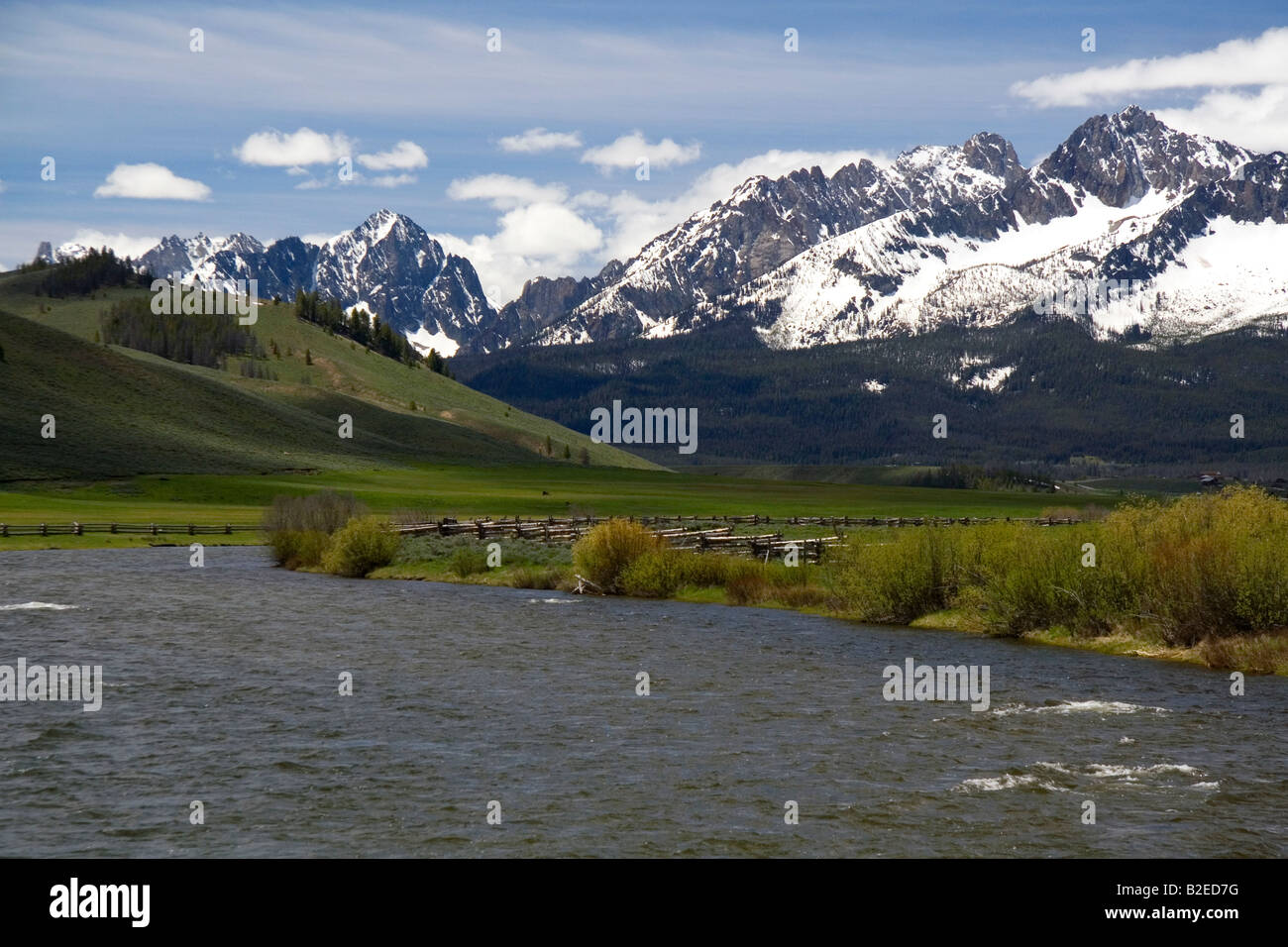 The Salmon River flowing through the Sawtooth Valley below the Sawtooth ...