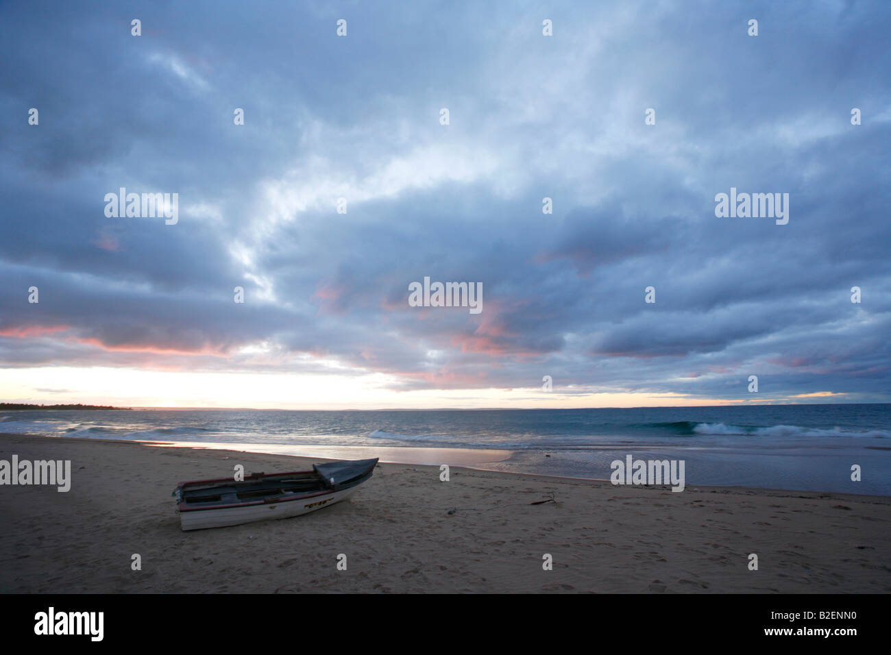 Moody scene of an idyllic beach on the Mozambique coastline with a lone ...