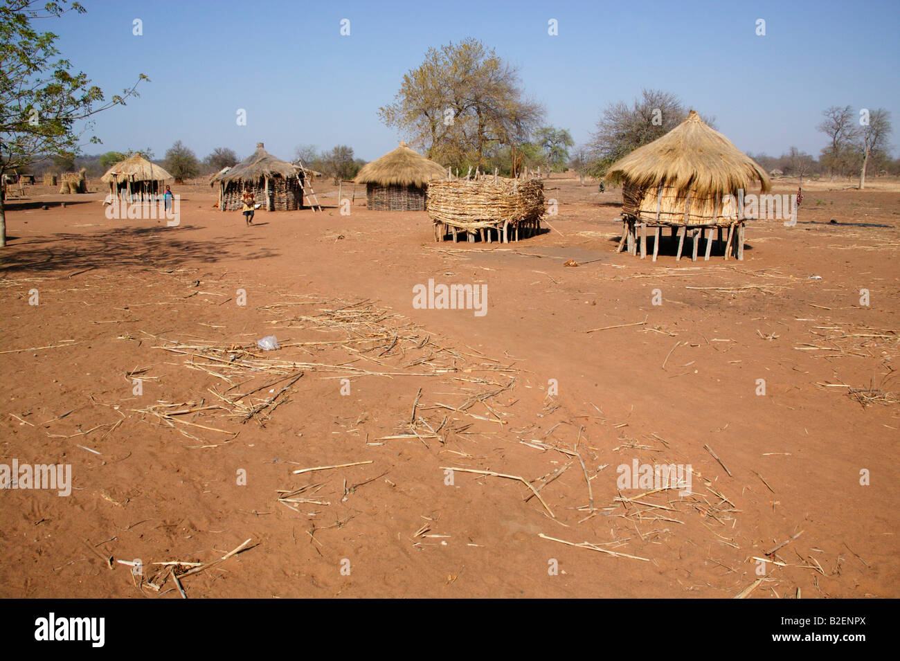 Rural Mozambique village with thatched huts and grain barns on Stock ...
