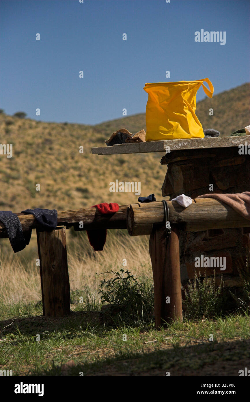 Hikers socks drying at rest stop on the Naukluft Hiking trail Stock ...