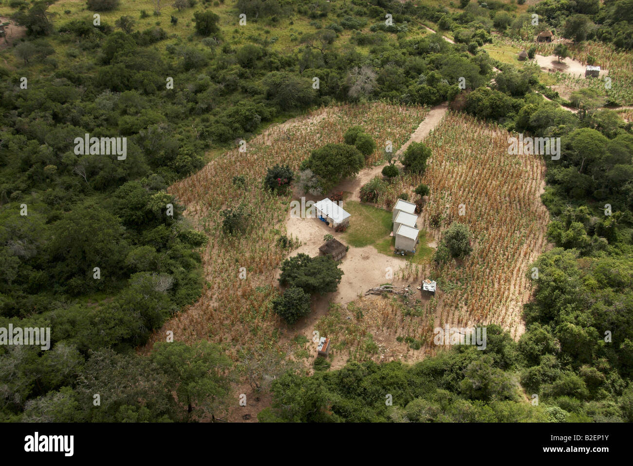 Aerial view of homestead on the outskirts of Maputo showing cleared ...