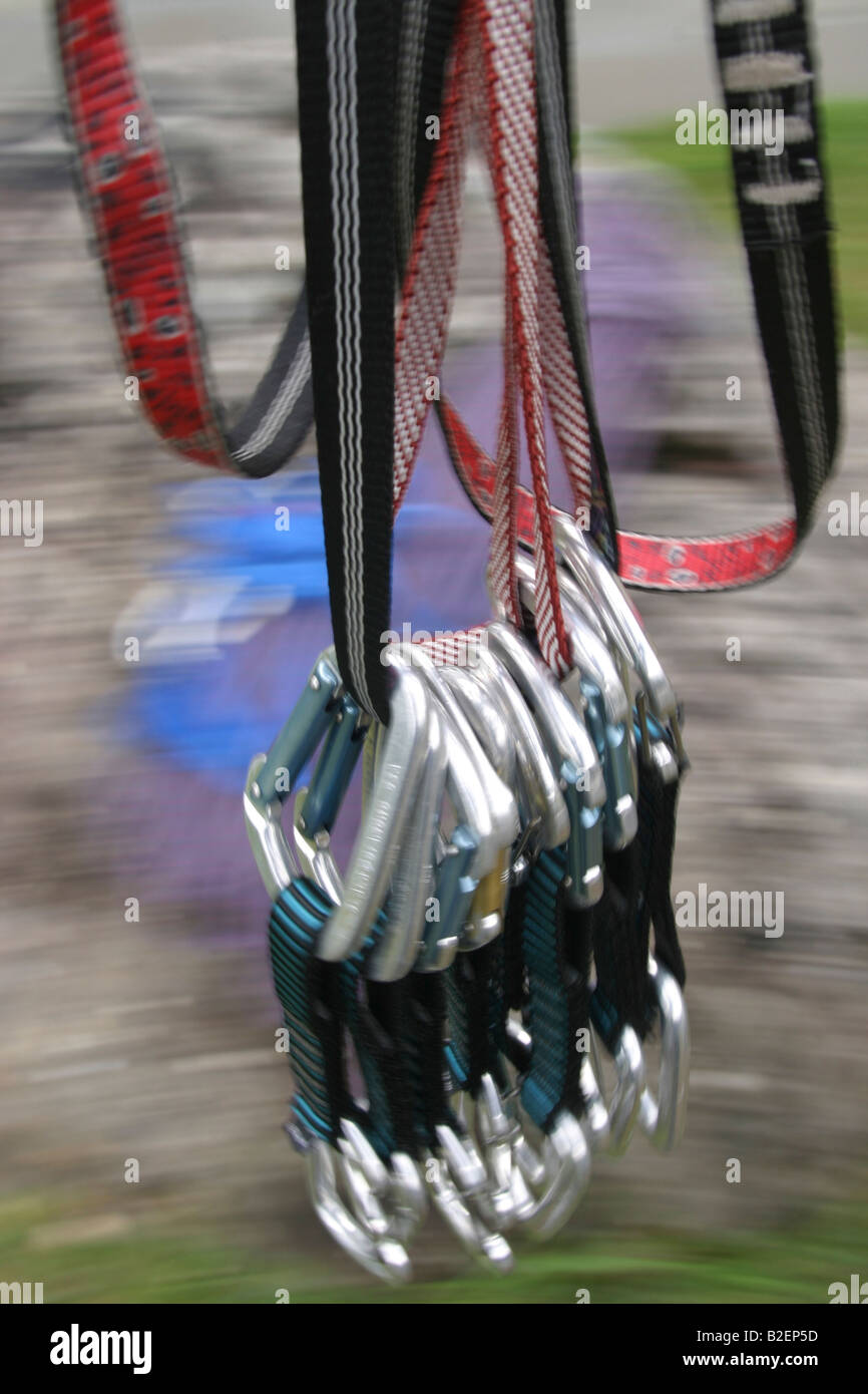 Climbing gear, traditional rack made up of cams and quick draws Stock ...
