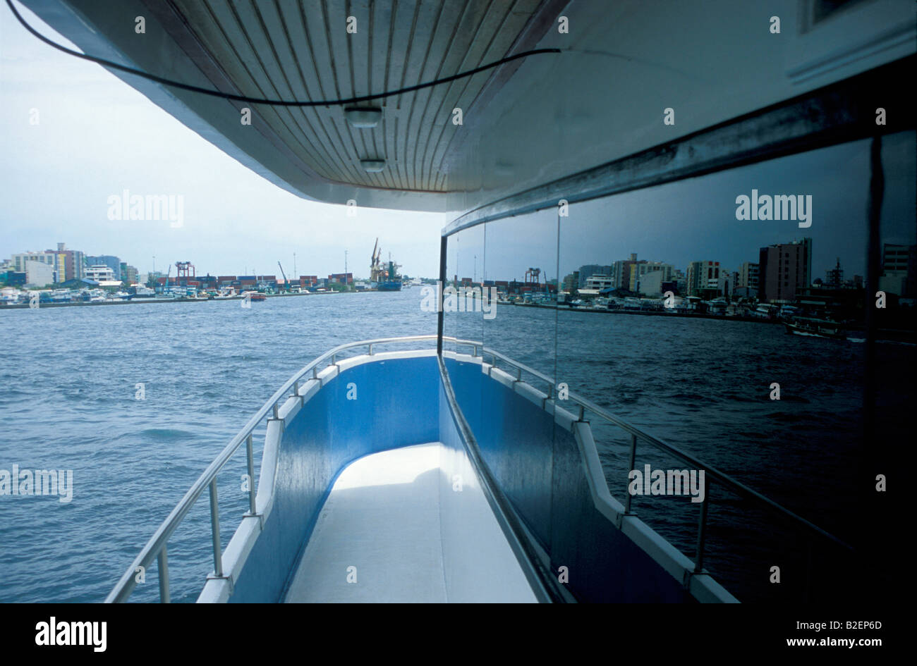 View of Male, the capital, reflected in window of dive yacht Stock ...