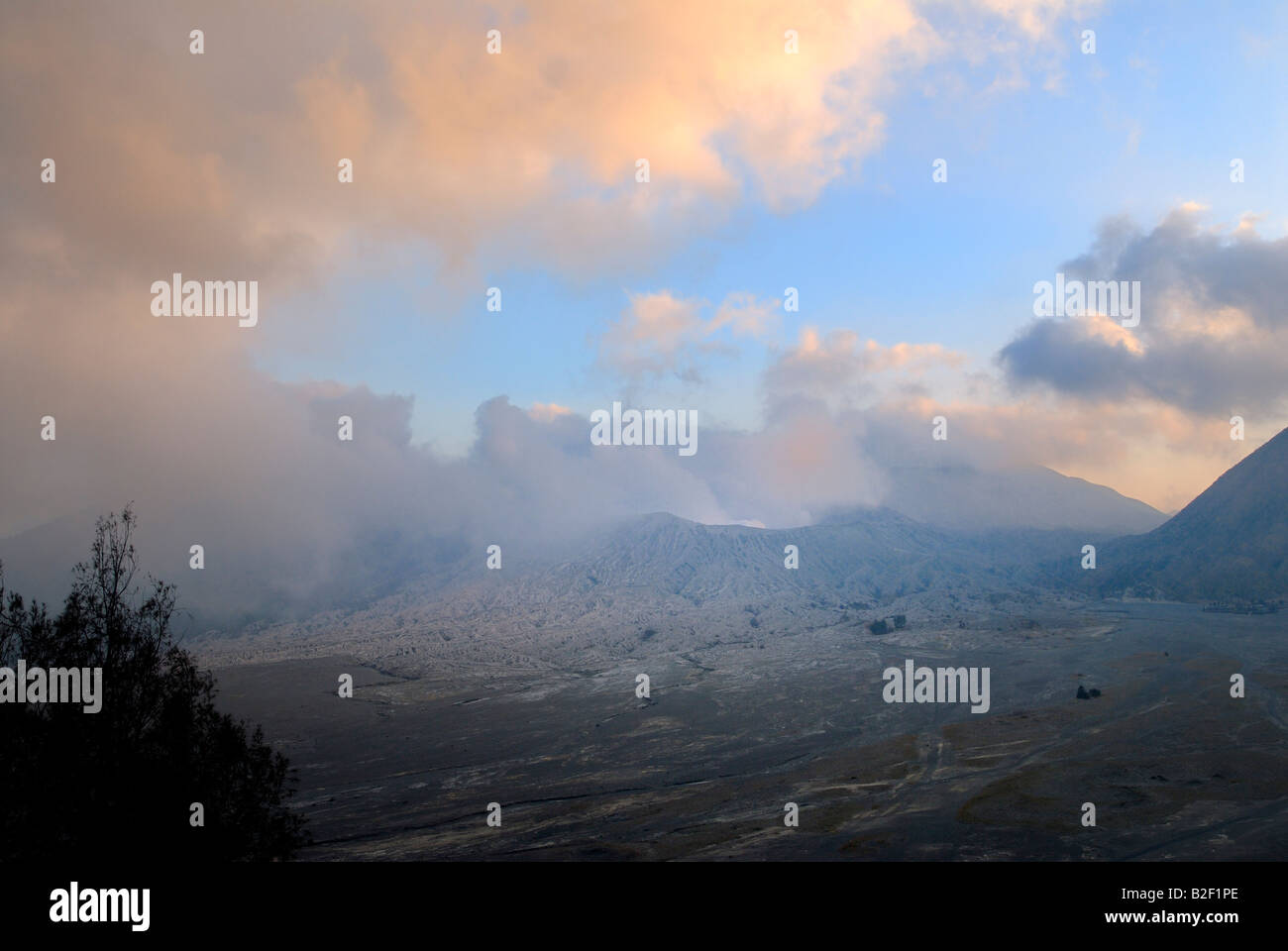 sunset with strong clouds at active volcano Bromo, BROMO TENGGER SEMERU ...