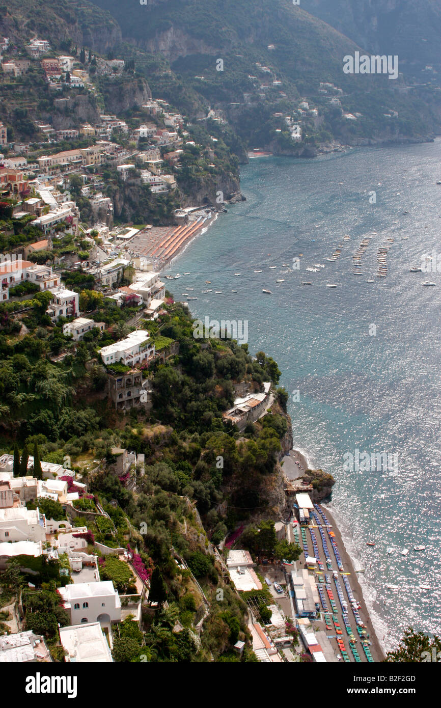 View of Positano beach and coast line from the coast road Stock Photo ...