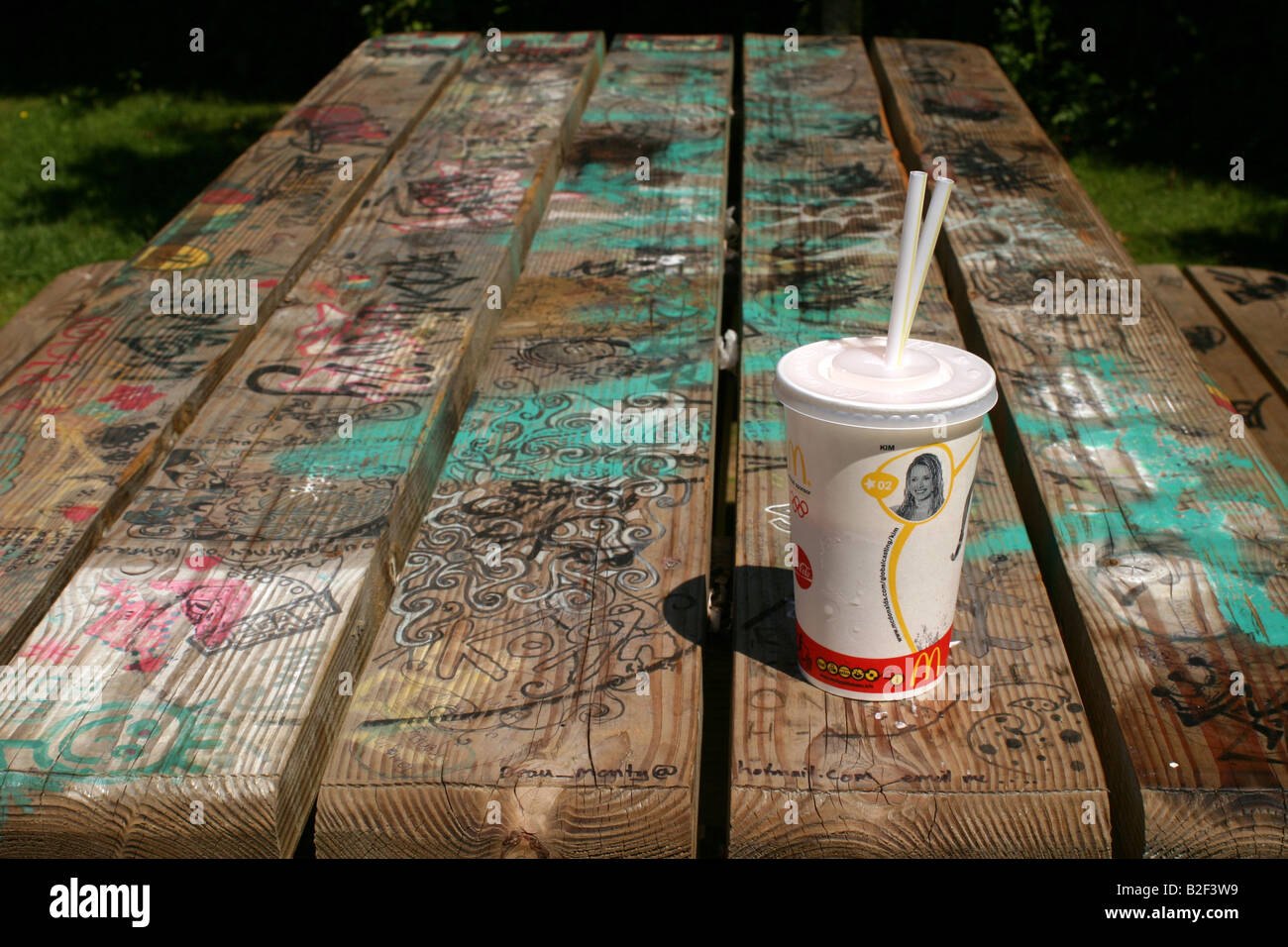 Graffiti on picnic table Macdonalds Truro Cornwall UK Stock Photo - Alamy