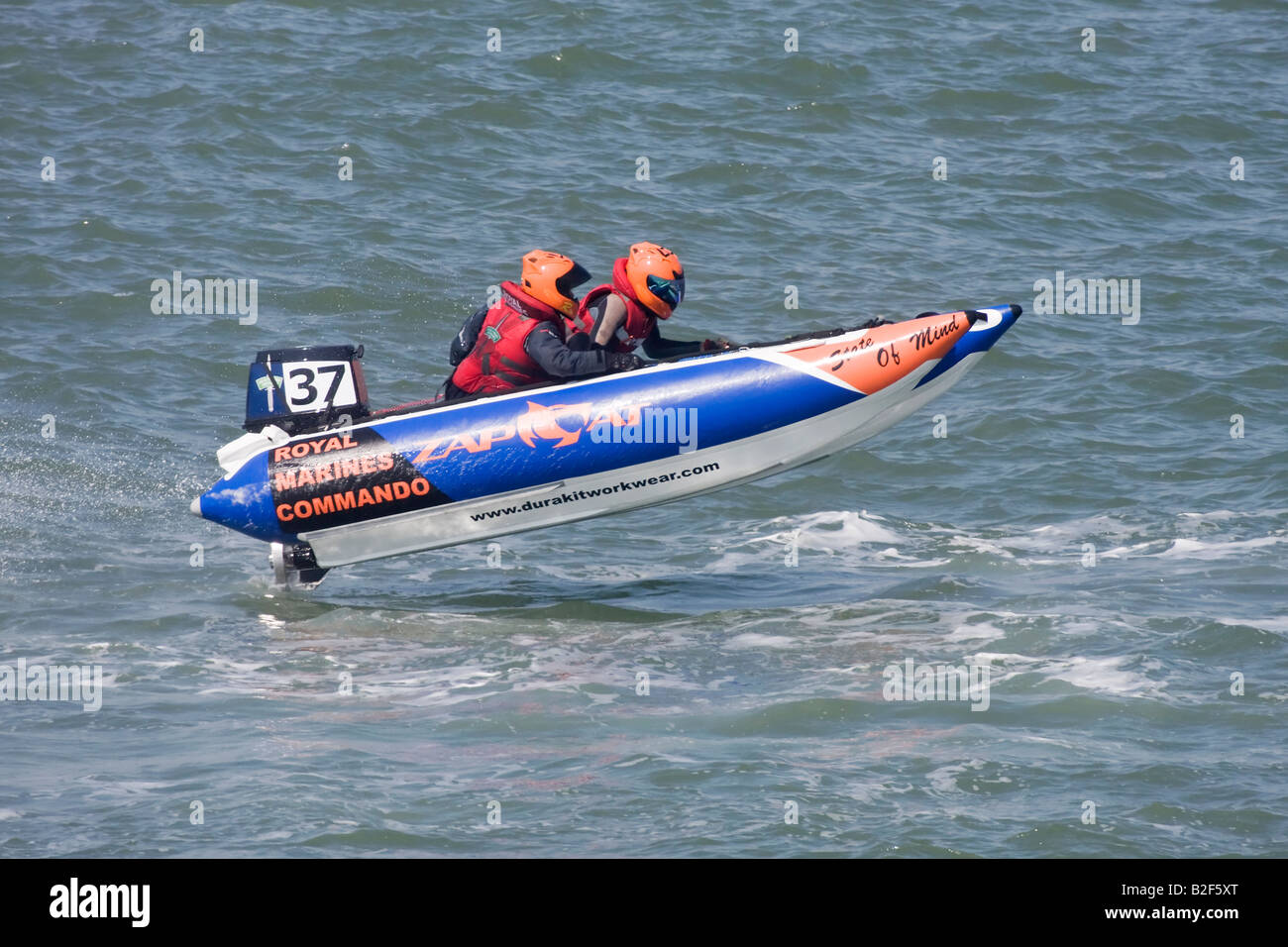 A racing ZapCat inflateable catamaran airborne from the waves Stock ...