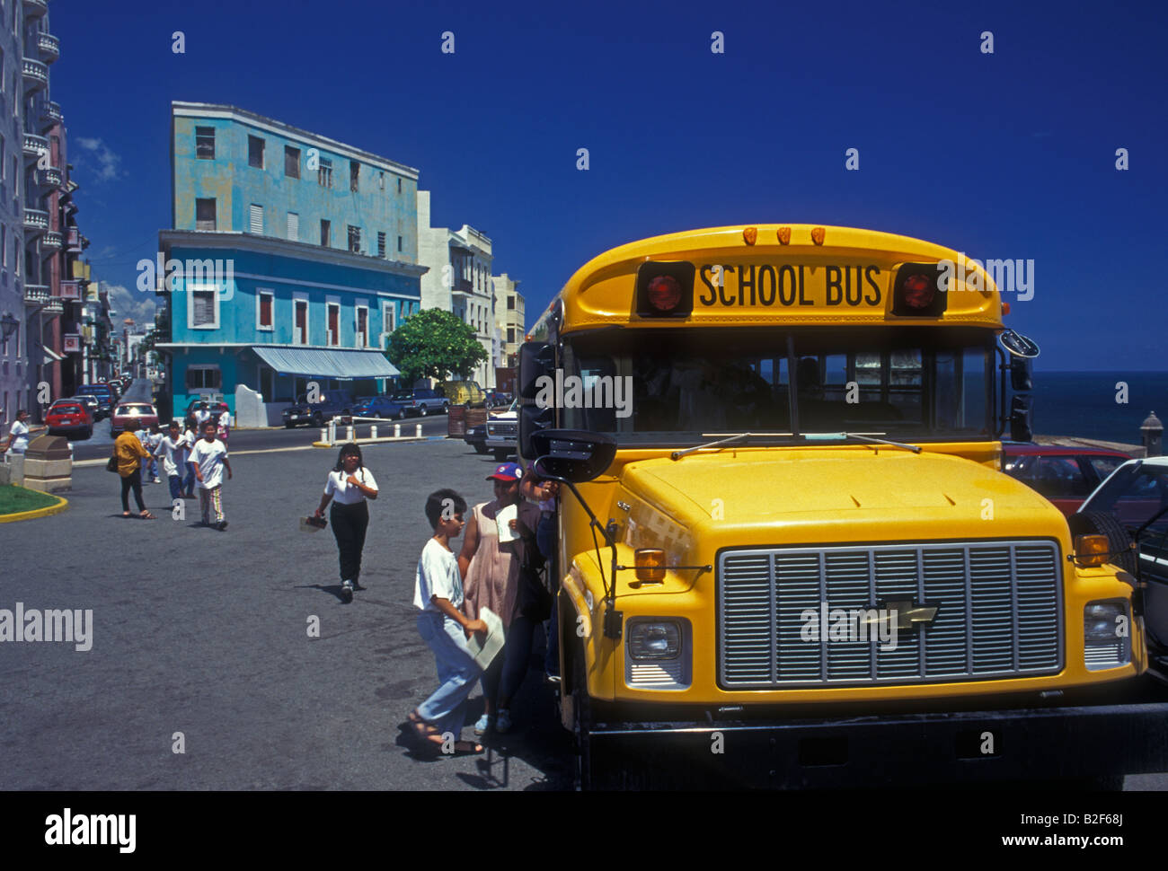 Puerto Rican people person students boarding school bus Old San Juan ...