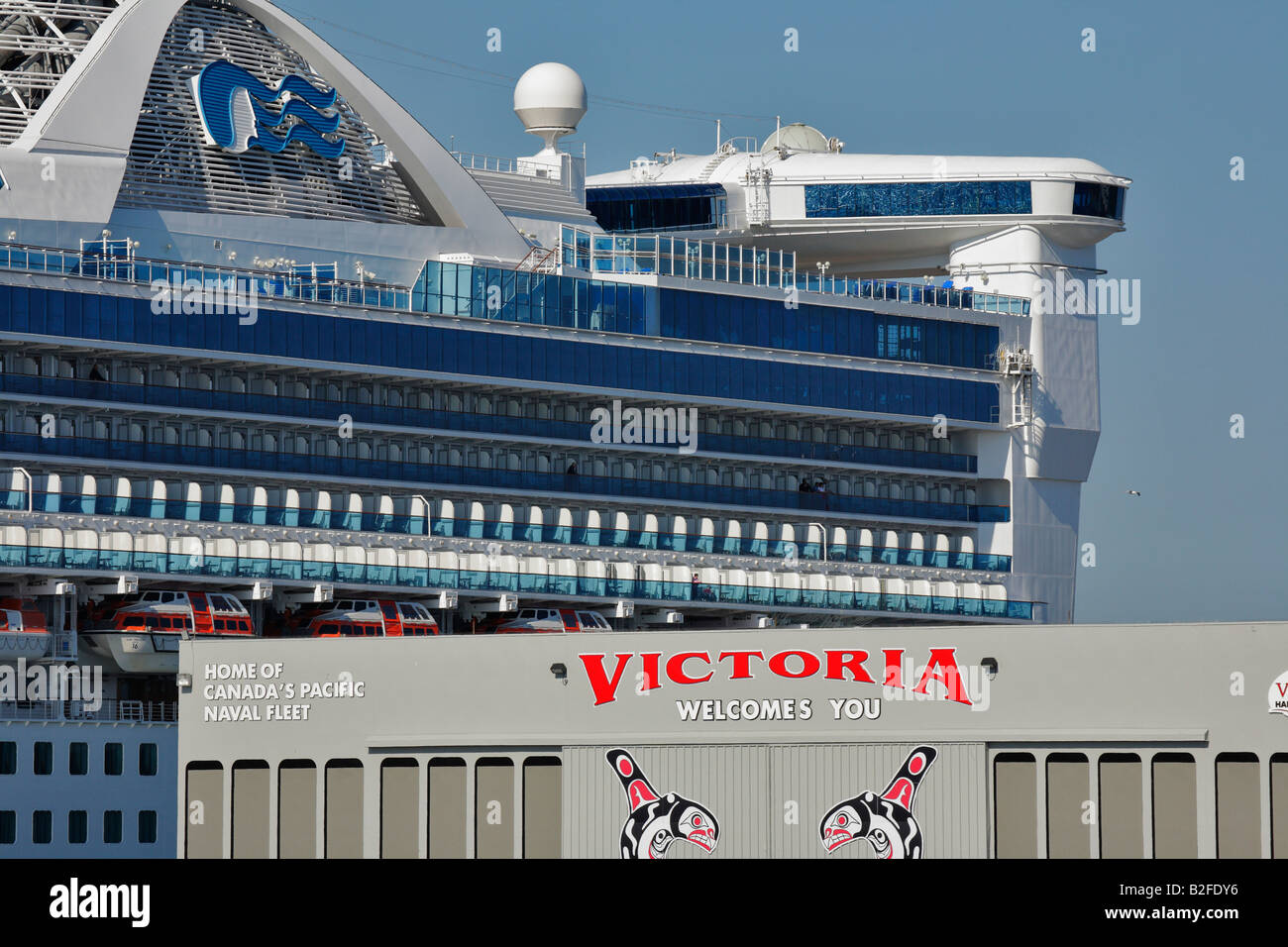 Closeup of large cruise ship in port of Victoria British Columbia ...