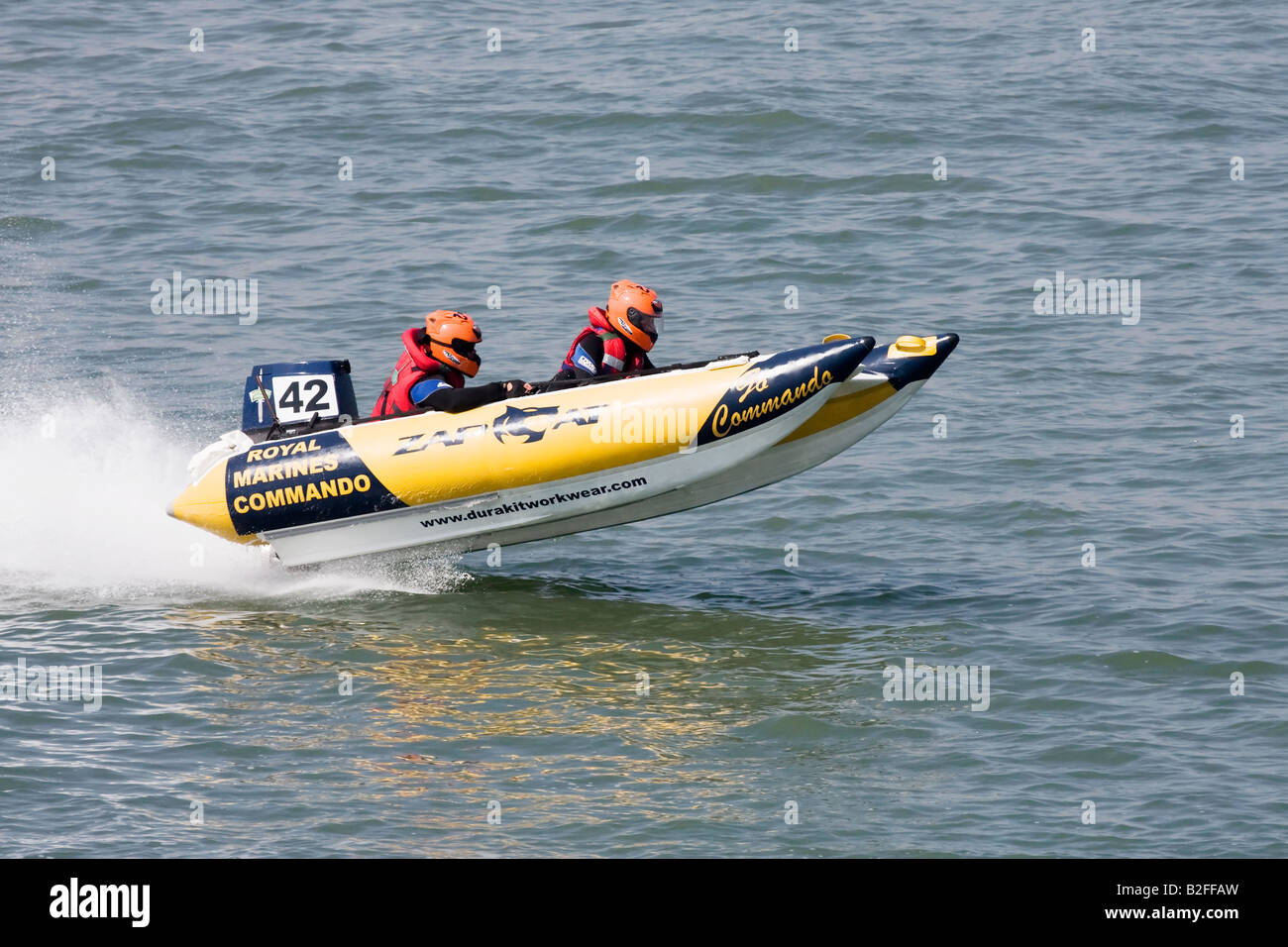 A racing ZapCat inflateable catamaran speedboat airborne from the waves ...
