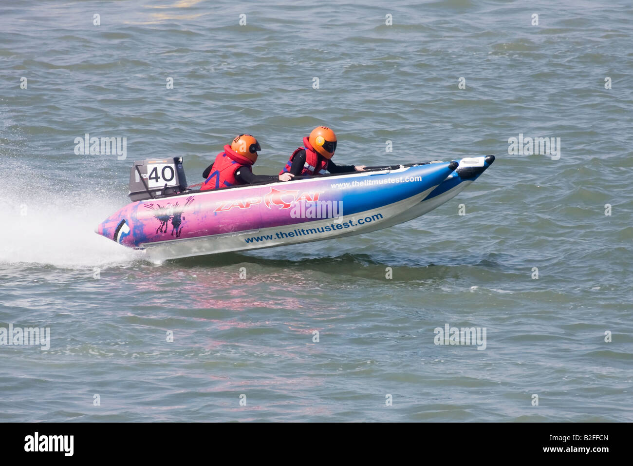 A racing ZapCat inflateable catamaran speedboat airborne from the waves ...