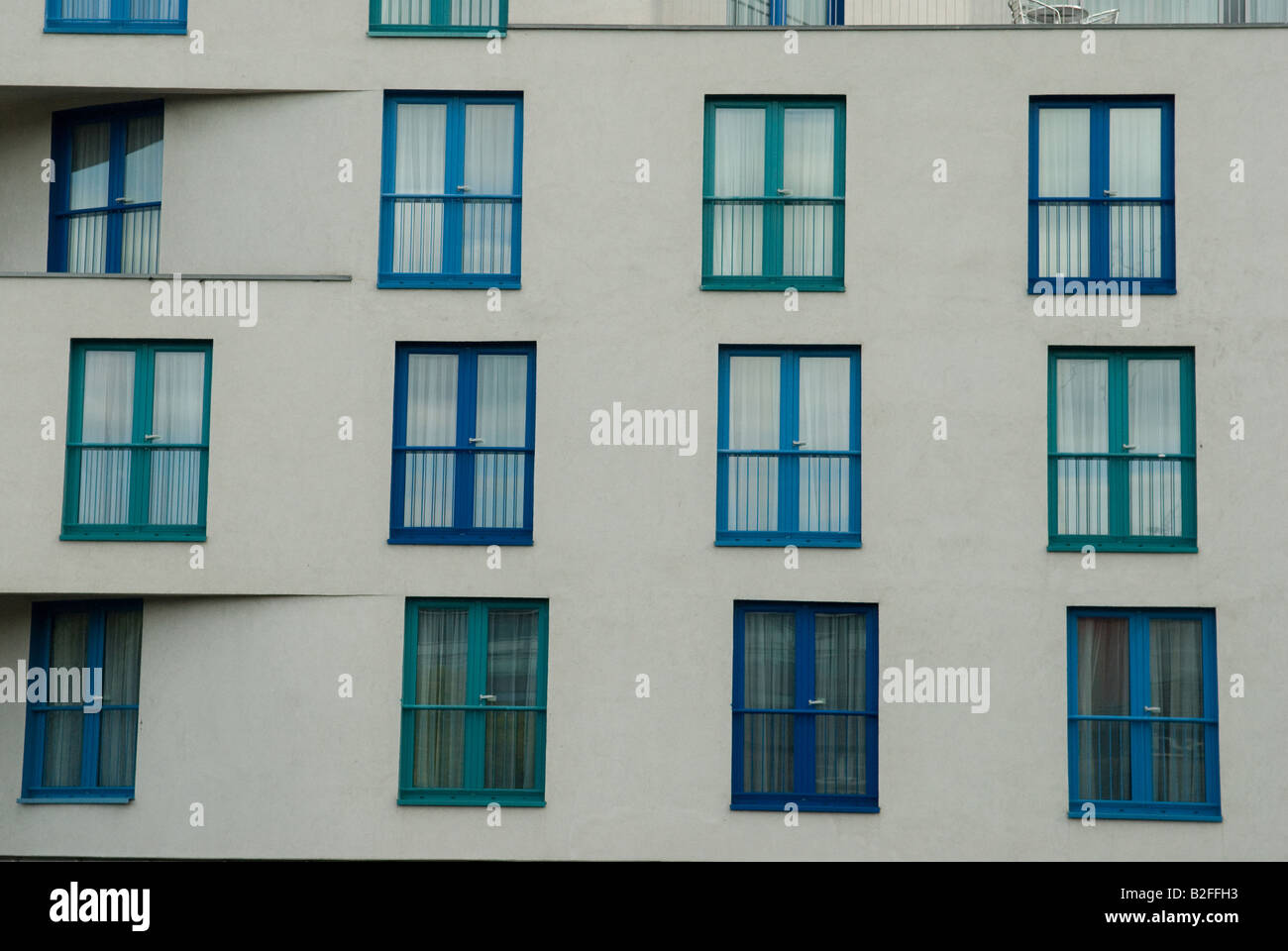 blue window frames in block overlooking Camden Lock, London Stock Photo ...