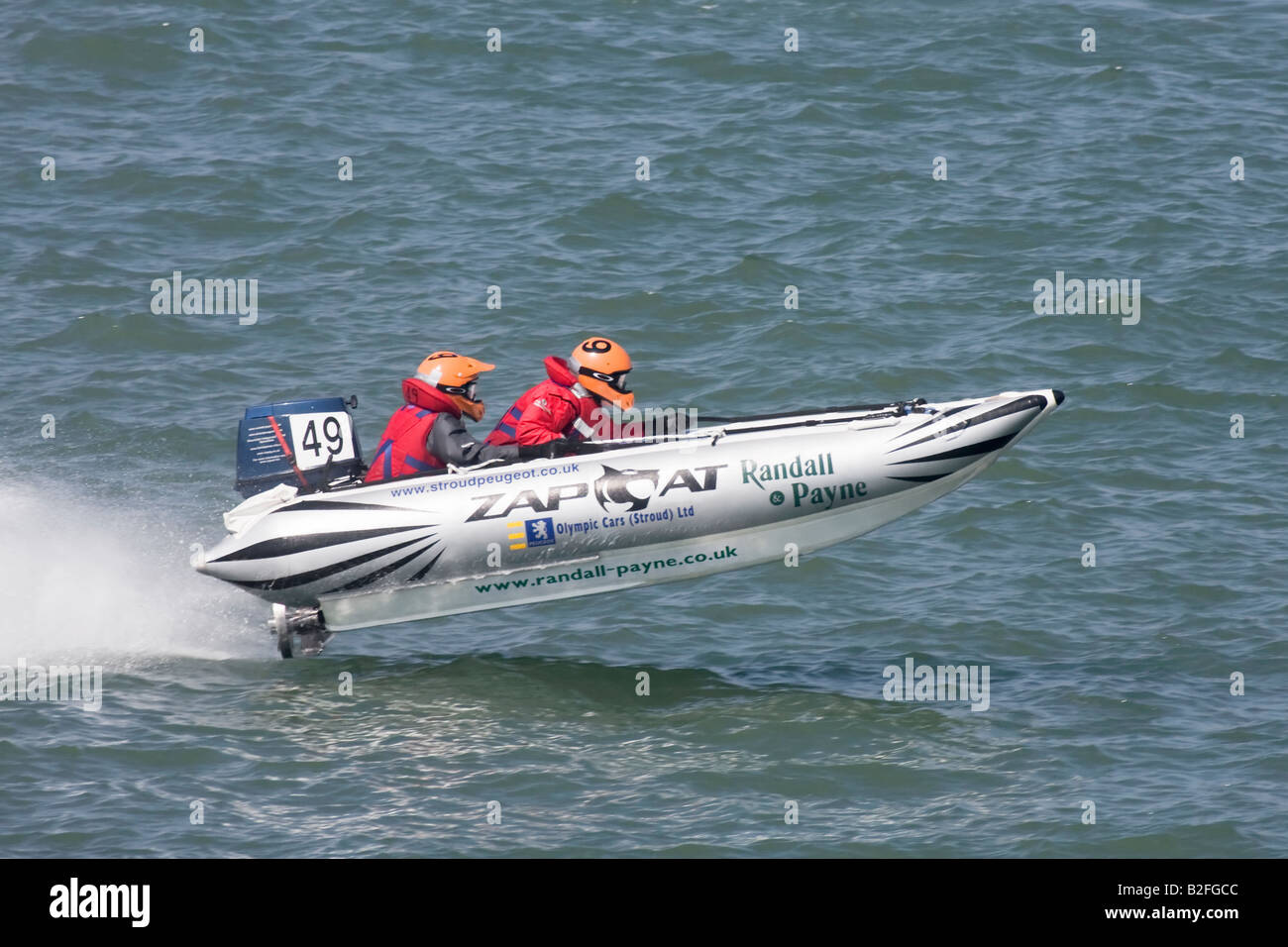 A racing ZapCat inflateable catamaran airborne from the waves Stock ...