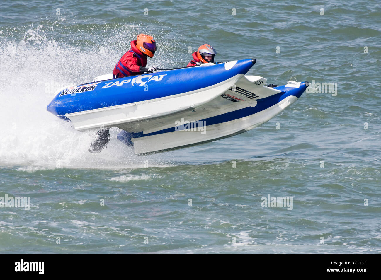 A racing ZapCat inflateable catamaran speedboat airborne from the waves ...