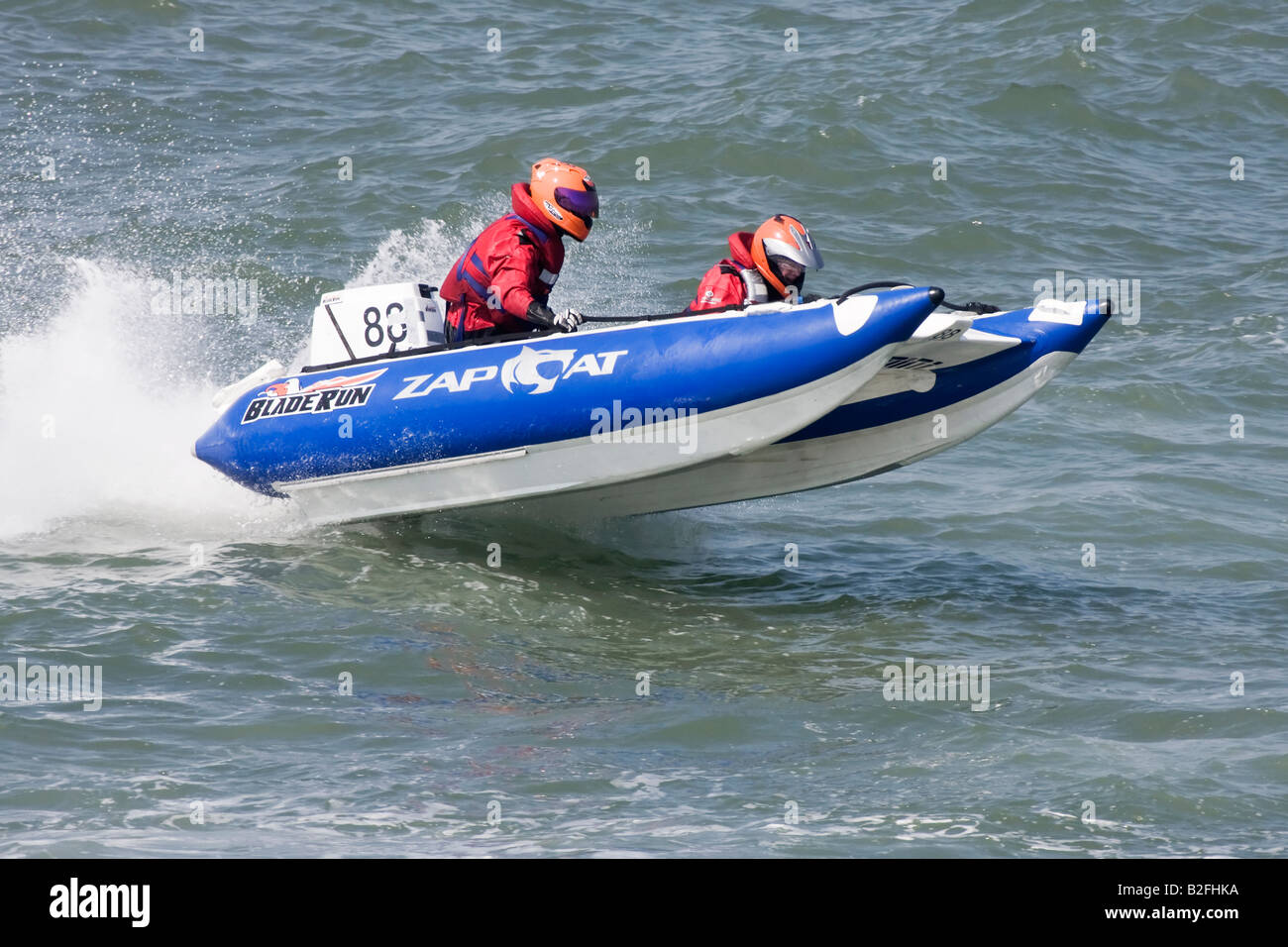 A racing ZapCat inflateable catamaran airborne from the waves Stock ...