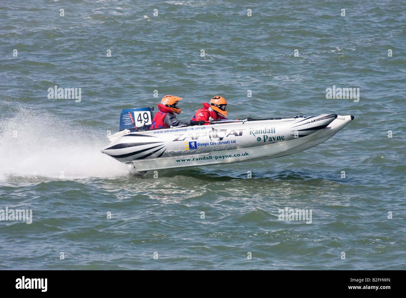 A racing ZapCat inflateable catamaran speedboat airborne from the waves ...