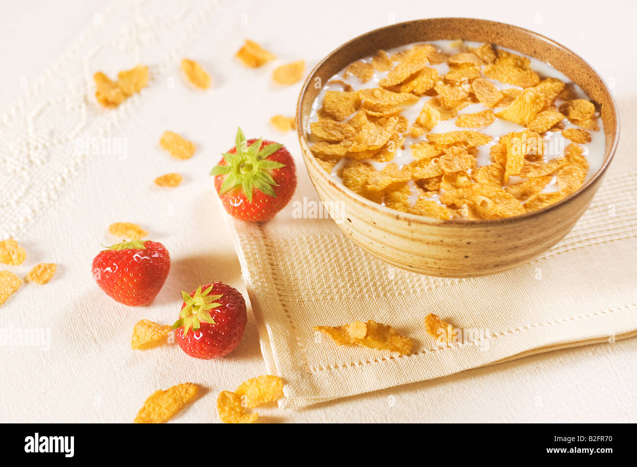 Healthy morning breakfast Bowl full of milk and cornflakes and fresh ...