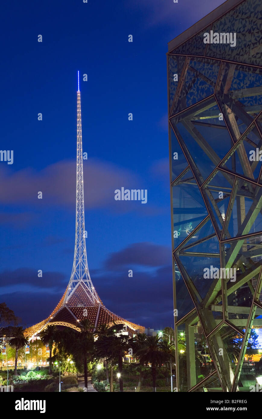 The spire of the Theatres Building against the glass and steel of ...