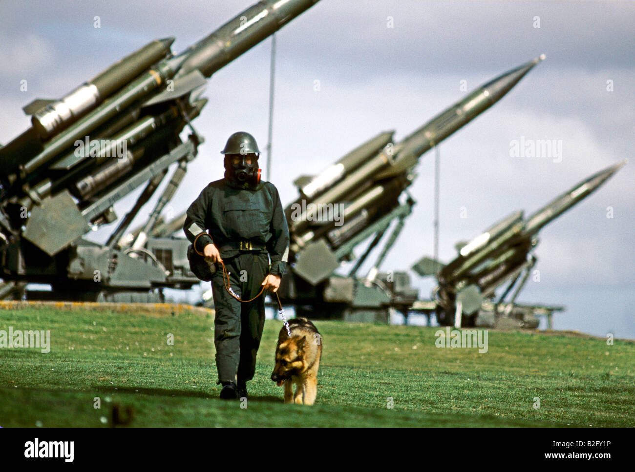 SURFACE TO AIR BLOODHOUND MISSILE LAUNCHERS BEING GUARDED BY DOG ...
