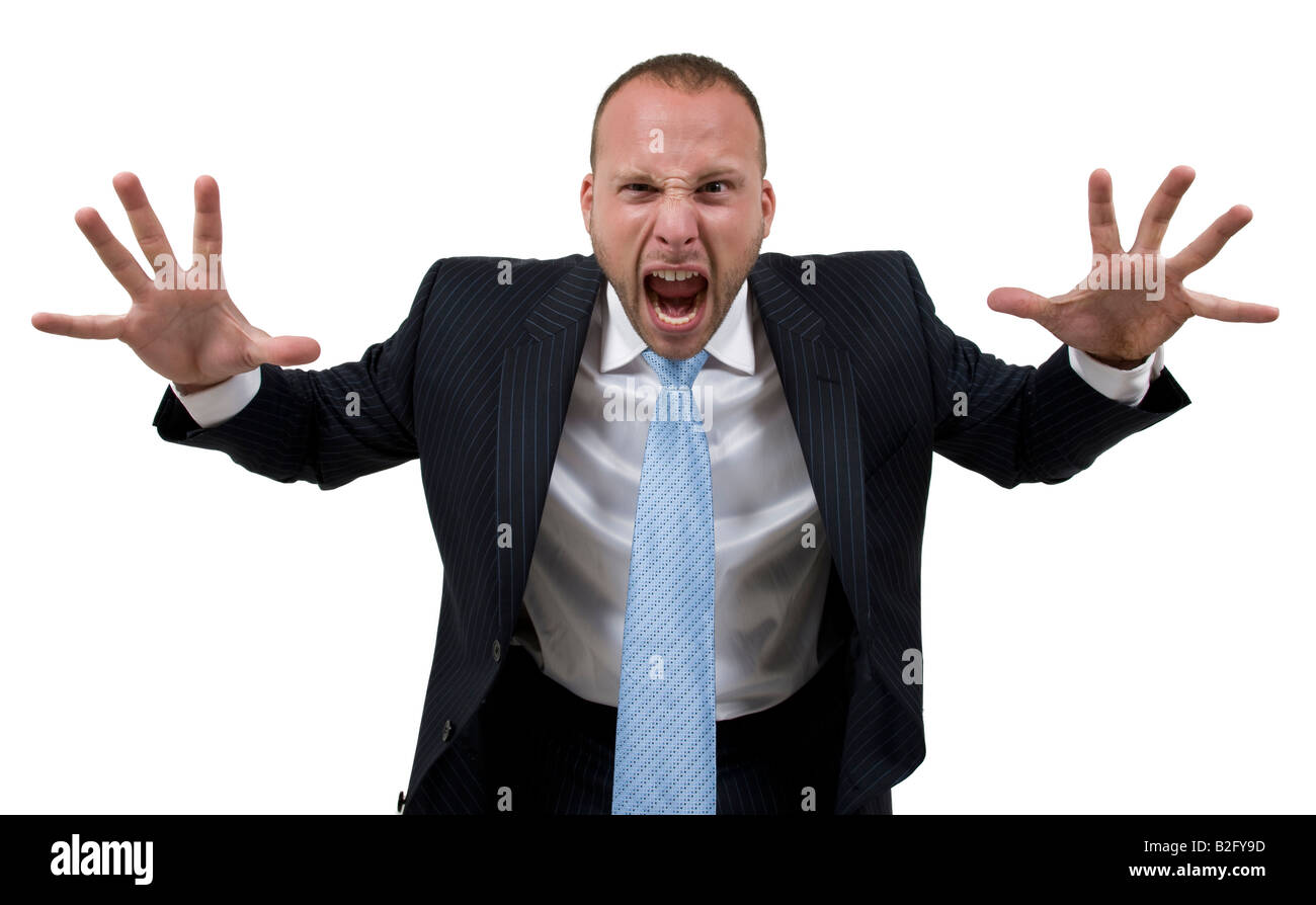 screaming businessman holding two hands up scaring the people while ...