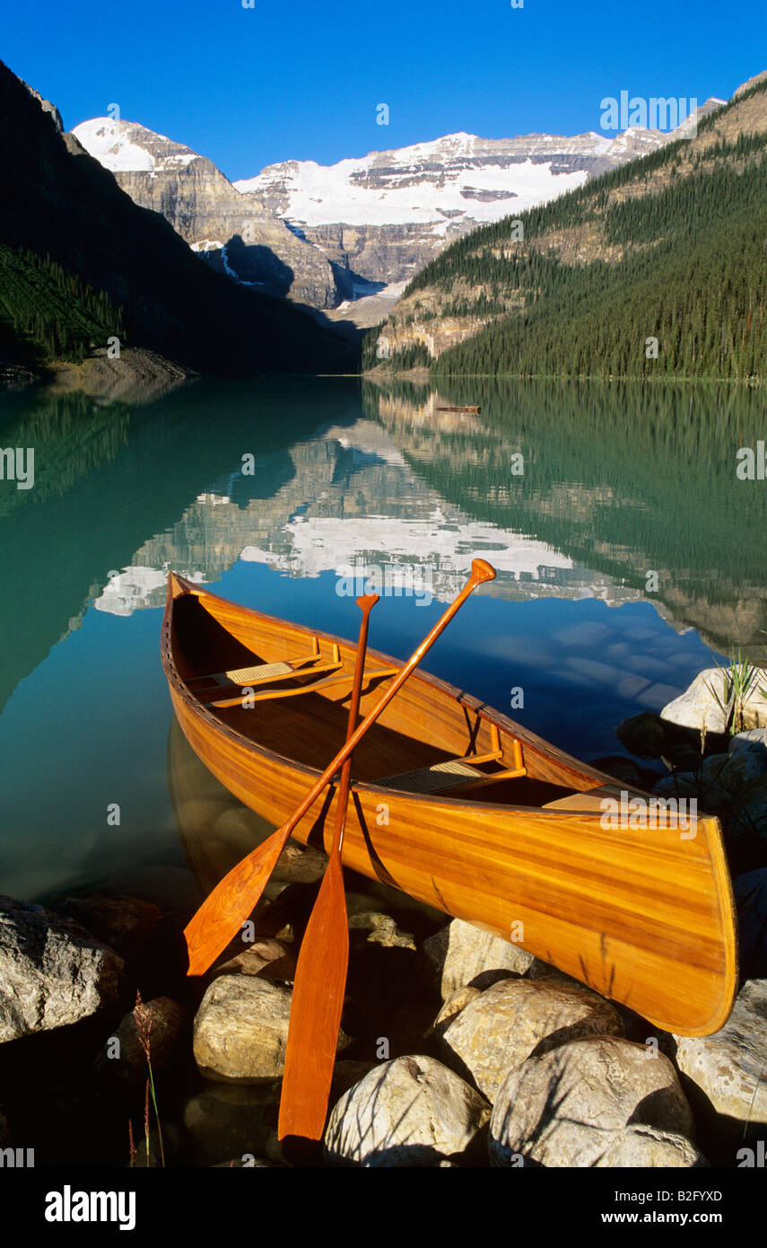 Cedar strip canoe at Lake Louise, Banff National Park, Alberta, Canada ...