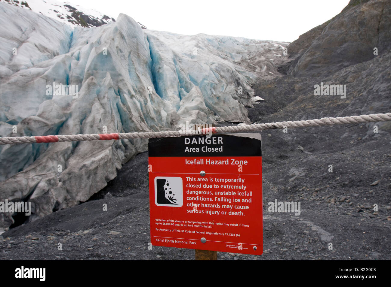Keep out danger sign in front of exit glacier hi-res stock photography ...