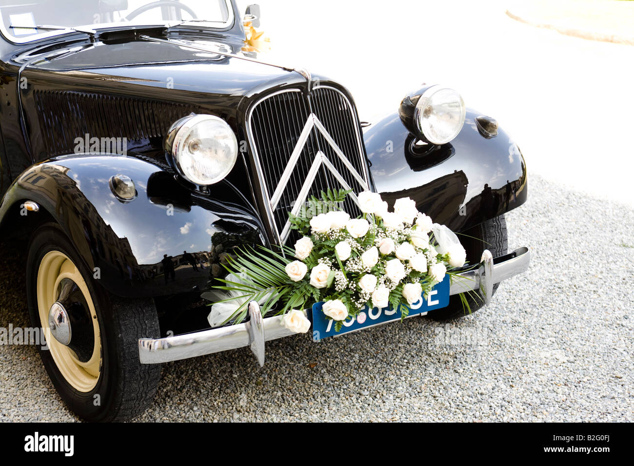 Wedding car decorated with white roses Stock Photo - Alamy