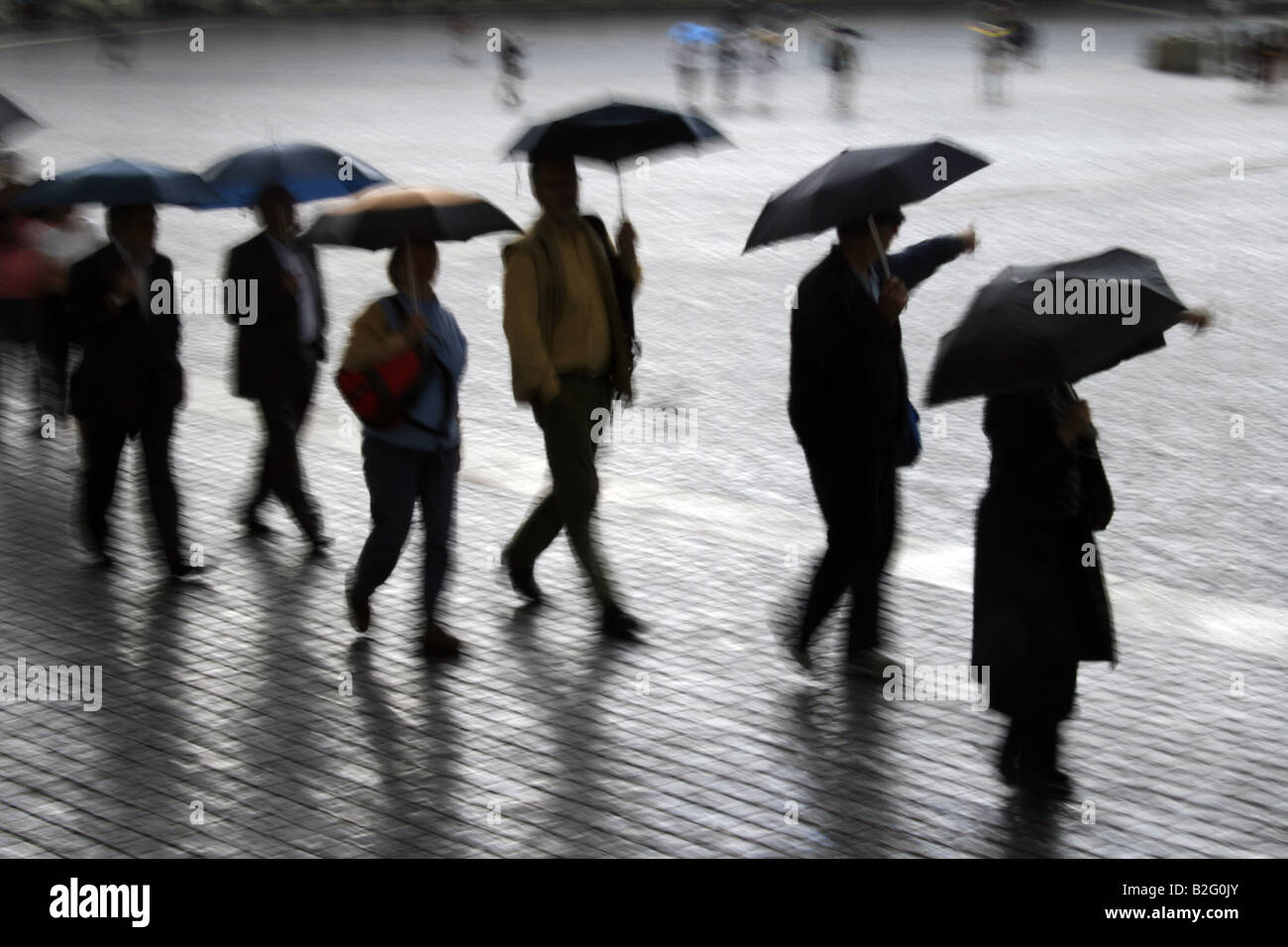 people with umbrellas in heavy rain in town Stock Photo - Alamy