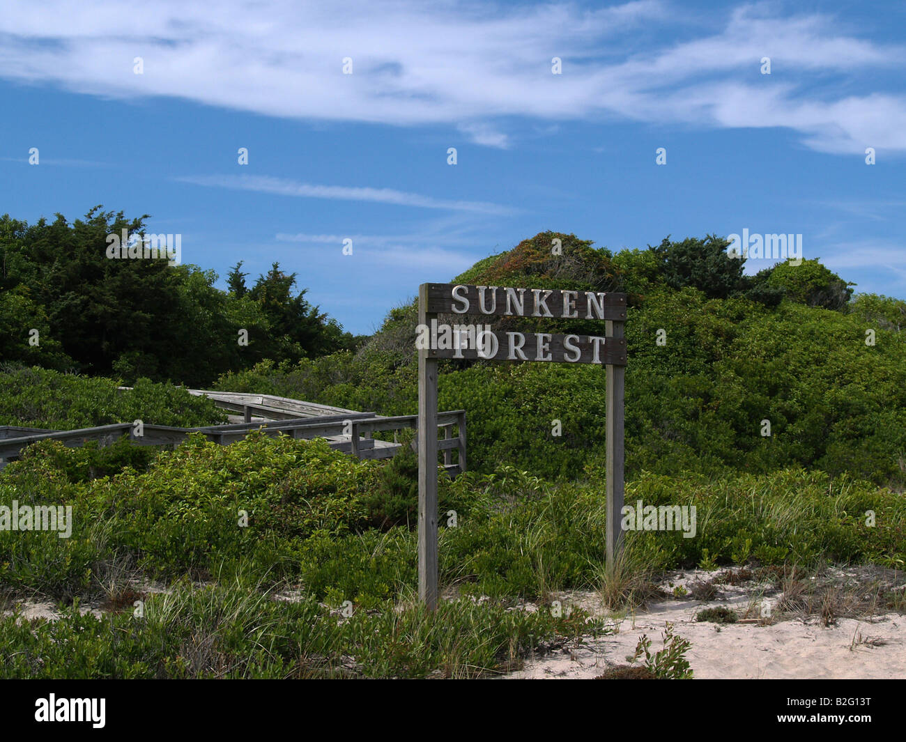 Sign marking an entrance to the Sunken Forest, a densely forested area ...