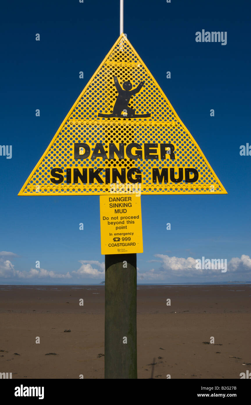 Sign warning of sinking mud Weston Super Mare Somerset England Europe ...