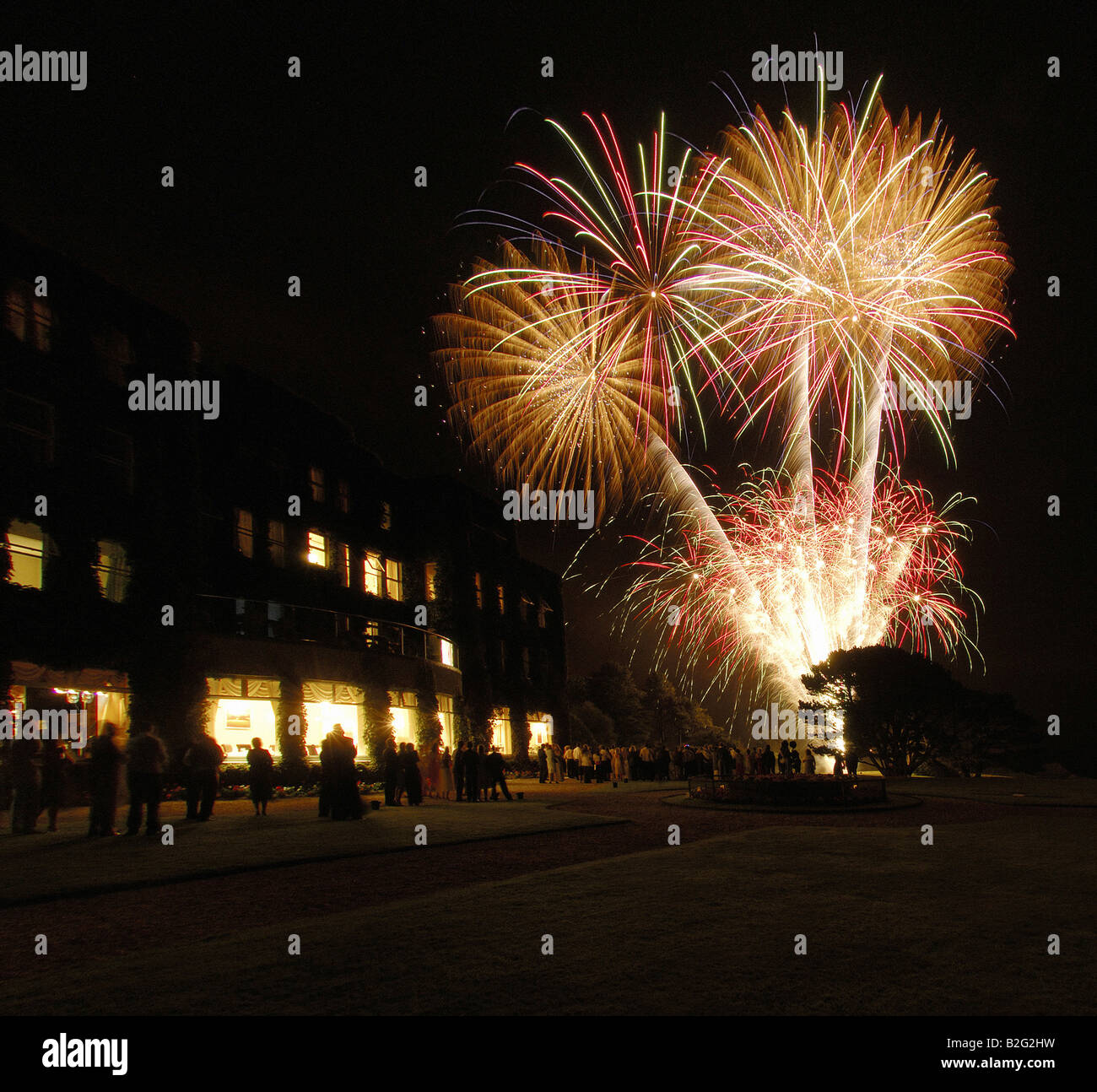 Crowd of people watching a firework display at a party Stock Photo - Alamy