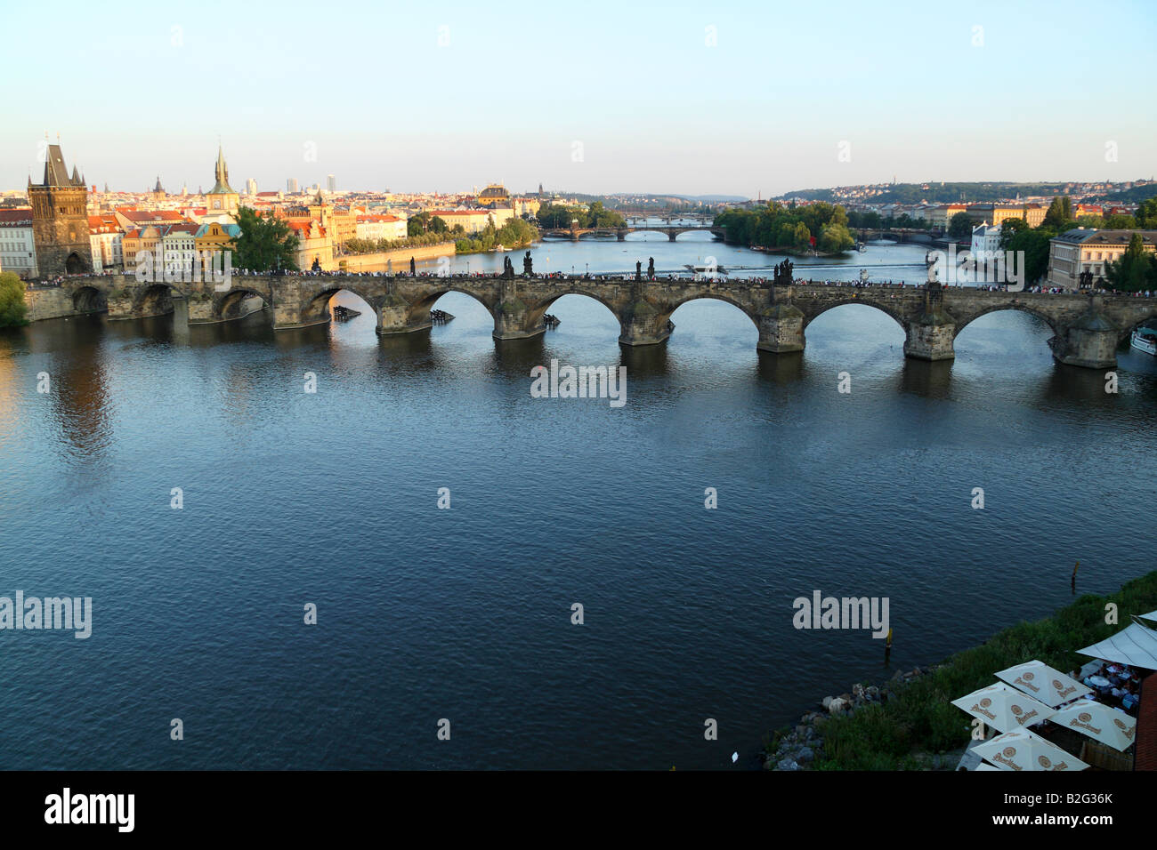 The aerial view of the Vltava river Charles Bridge and other bridges in ...