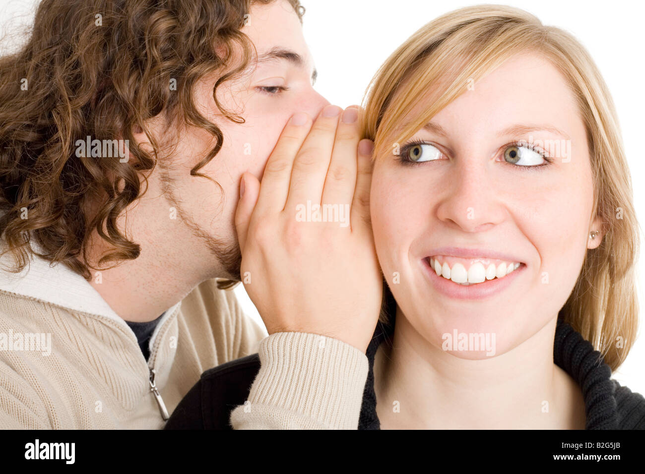 whispering secret young couple pair love harmonical partnership man ...