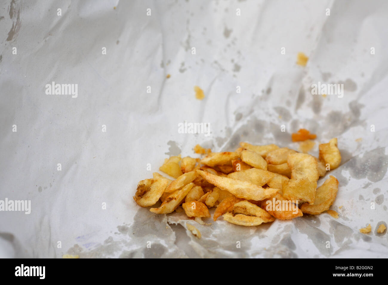 scrag end remains of a portion of chips in greasy white paper wrapper ...