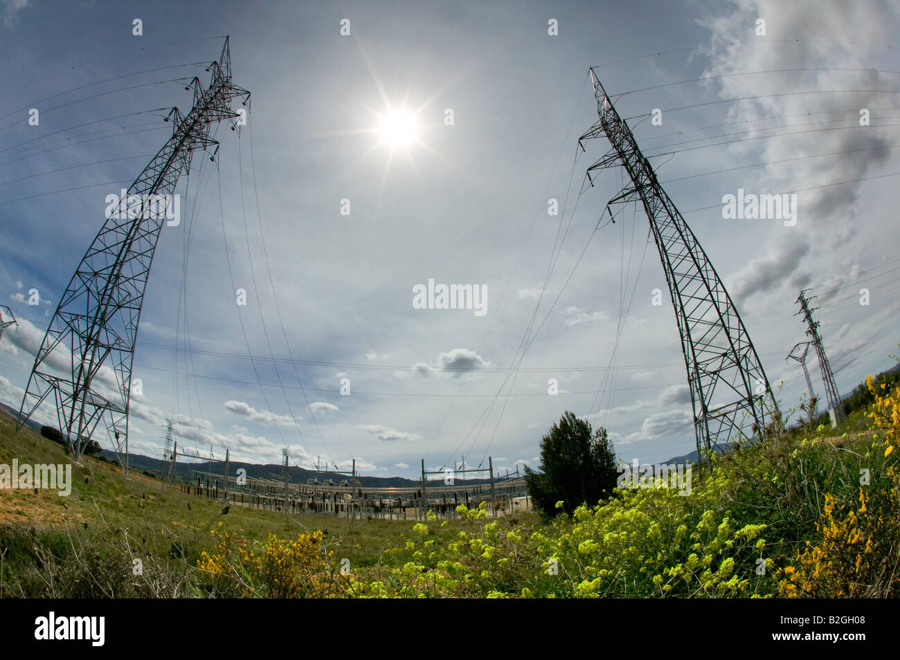 Pylons at solar power substation Stock Photo - Alamy